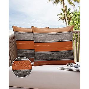 Outdoor Waterproof Pillow Covers for Patio Furniture Wooden Board Decorative Throw Pillow Cover Autumn Orange Ombre Wood Grain Pillowcases Set of 2 Cushion Case for Sofa Couch Chair 16 x 16 in