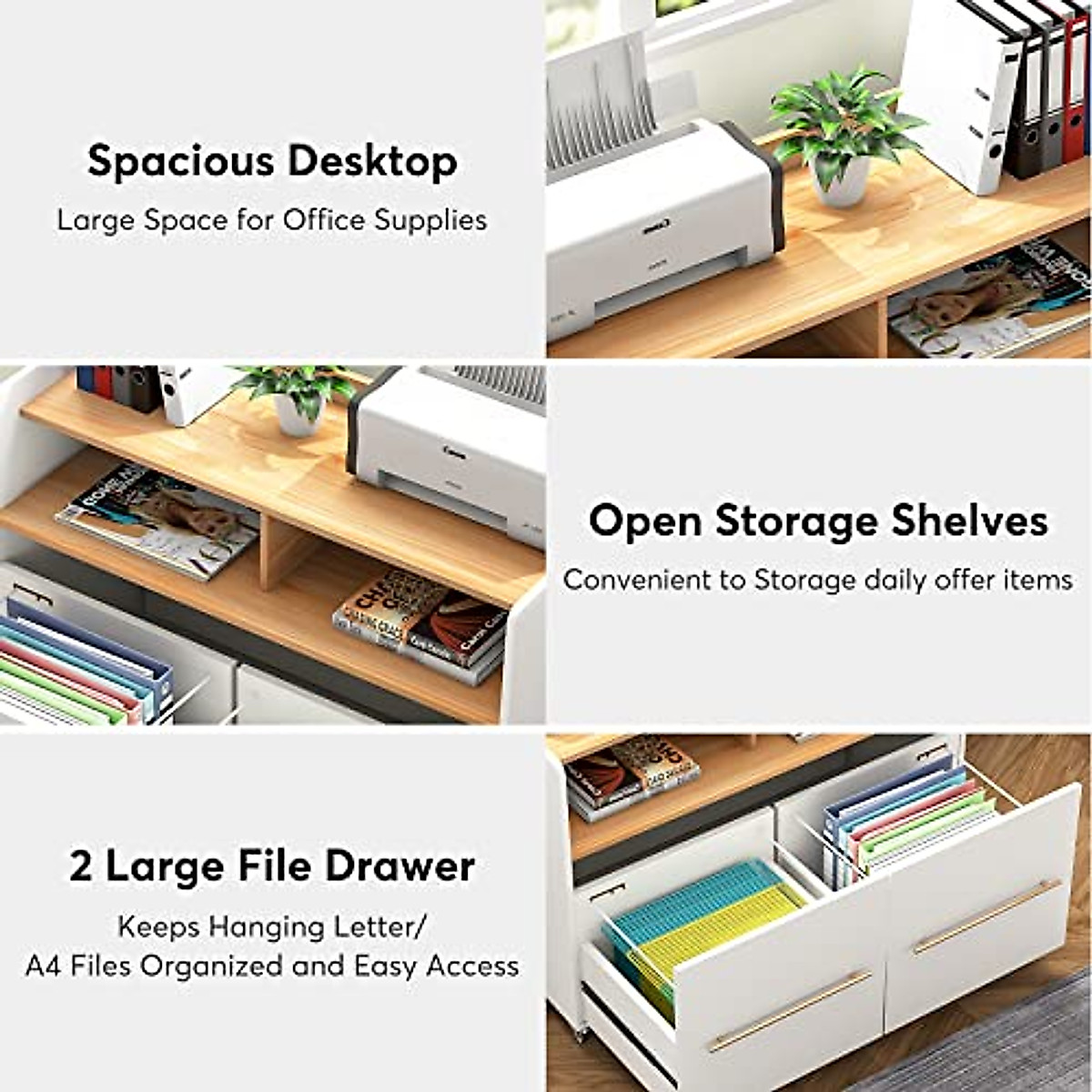 LITTLE TREE 2 Drawer File Cabinet Rolling Filing Cabinets with Wheels, Lateral File Cabinet for Letter Size, Printer Stand and Open Storage Shelves for Home Office, White
