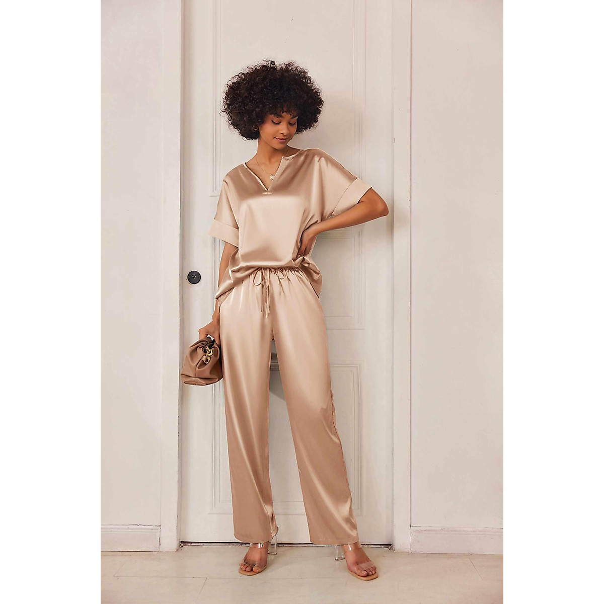 Ekouaer Satin Pajama Set Womens Silk Short Sleeve V Neck Shirt with Long Pant Soft Loungewear Pjs Set Khaki