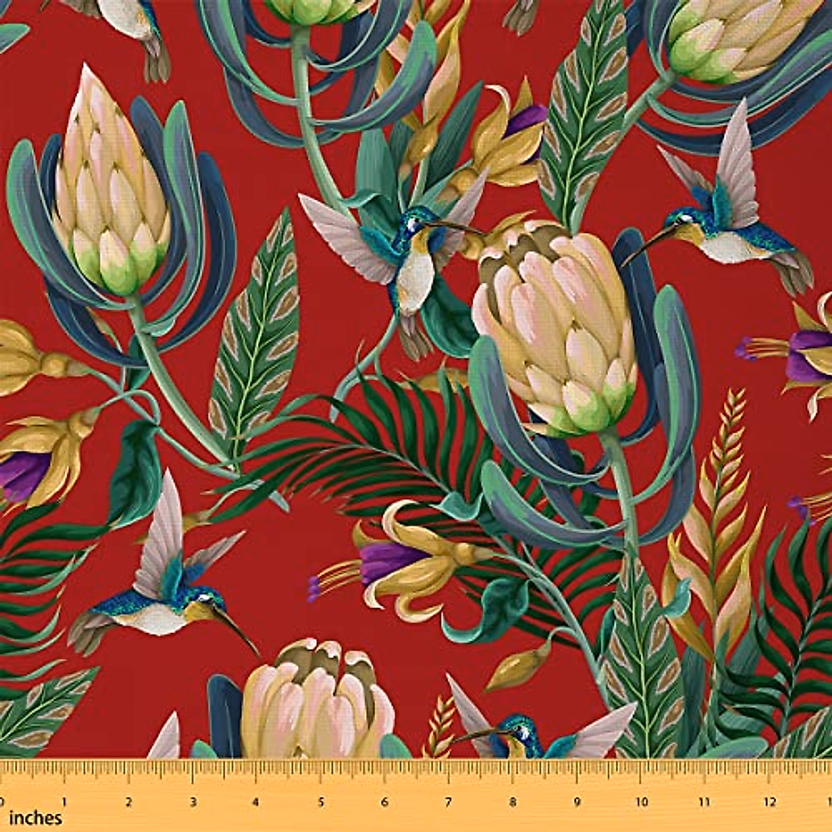 Flower Hummingbird Fabric by The Yard,Plam Leaves Tropical Plant Upholstery Fabric for Sewing Lover,Retro Farmhouse Style Waterproof Outdoor Fabric Crafting Supplies,1 Yard