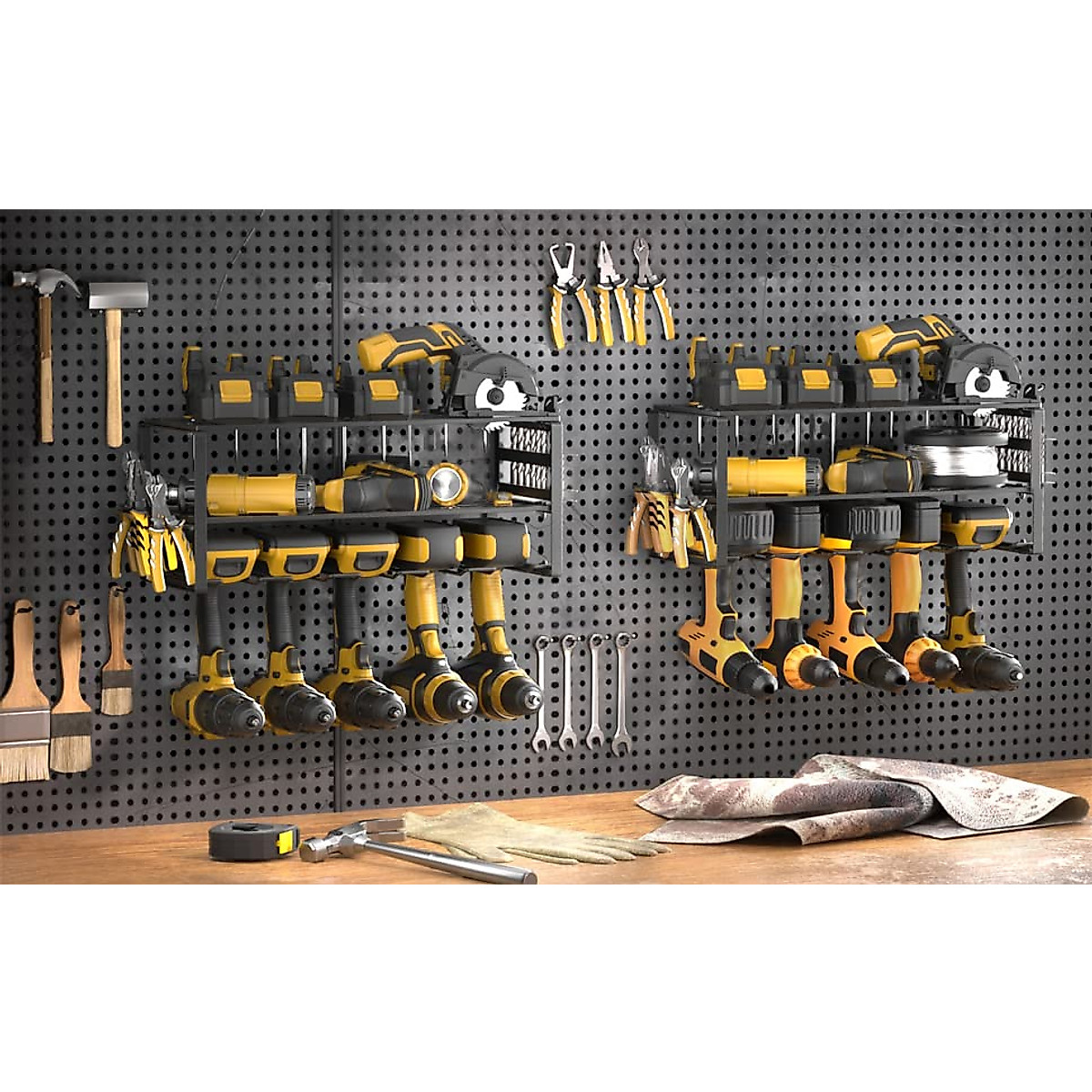 Power Tool Organizer Wall Mount, 5 Slot Cordless Drill Holder Battery Charging Station Storage Rack, Multi-function Garage Pegboard Tool Organizer for Tidying Up Parts Bin, Wrench, Pliers, Screwdrivers, Bit
