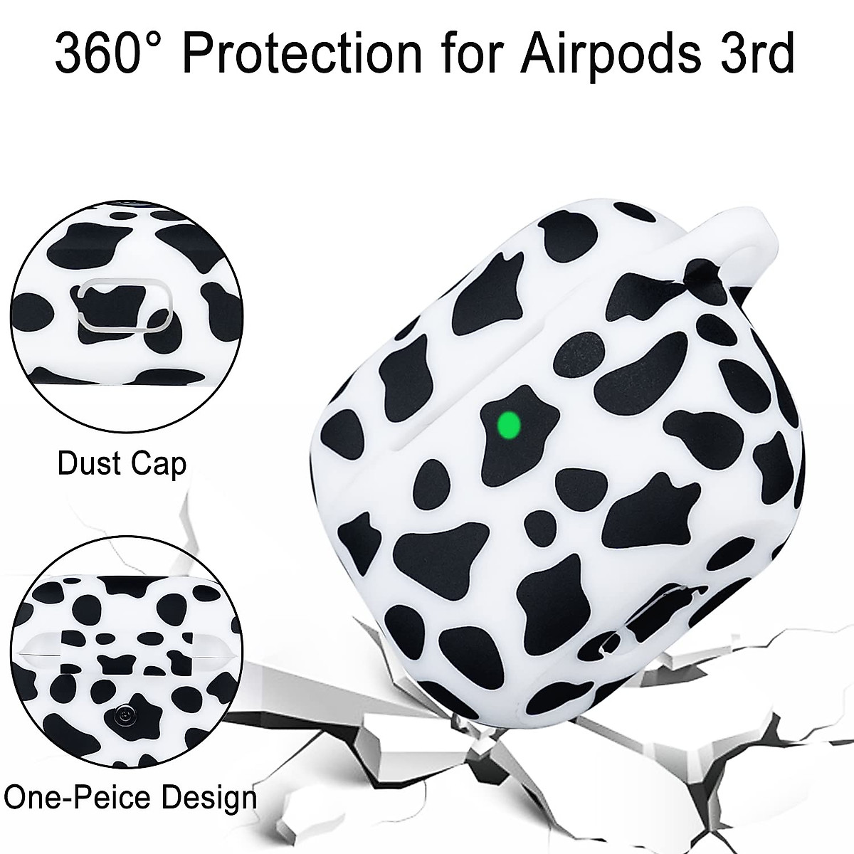 Silicone Cow Airpods 3 Case 2021, YOMPLOW Case Cover for Apple Airpods 3rd Generation Floral Print Soft Flexible Cover for Air Pod 3 Women Girls, Skin with Keychain - Black Cow