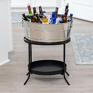 BREKX Aspen Hammered Stainless-Steel Beverage Tub, Ice and Drink Bucket with Metal Stand, 25-Quart for Parties