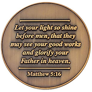 Let Your Light Shine Christian Challenge Coin, Pass Along Pocket Token of Encouragement, Handout for Bible Study, Antique Gold Plated Matthew 5:16 Gift