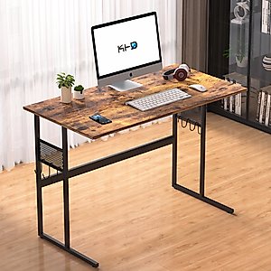 VECELO 32 Inch Small Computer Sturdy Laptop Industrial Desk Office Work, Modern Simple Study Table with Headphone Hook, Adjustable Feet and Water Proof Surface, 44", Brown