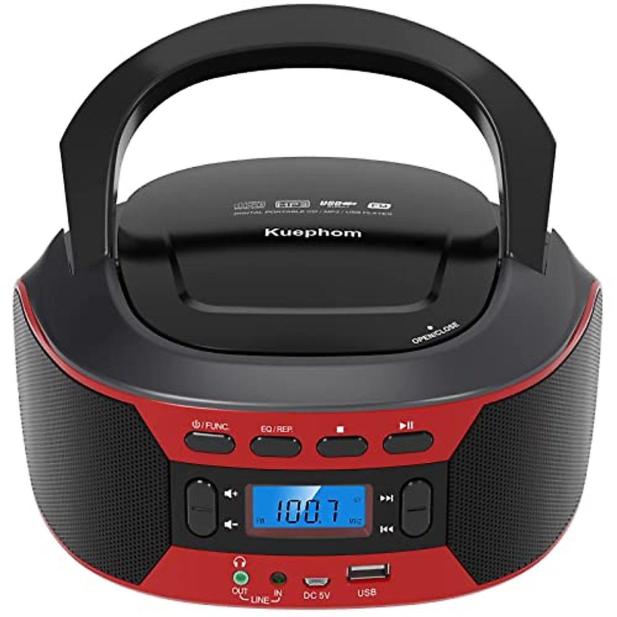 Kuephom CD Player Boombox:Bluetooth CD Player with Speakers Stereo,Radio CD Players for Home with USB and AUX,Portable Enabled with Batteries,FM Manual Tuning LCD Display with Backlight.