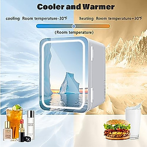 FDLQEOR Mini Fridge White with Dimmable LED Mirror(6Liter/8Can),AC/DC Powered,Cooler or Warmer, for Makeup, Skincare,Drinks and Food, Portable Mini Refrigerator for Bedroom, Office, Car