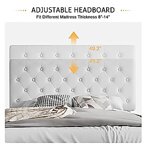 SHA CERLIN Queen Size Bed Frame with Button Tufted Headboard, Faux Leather Upholstered Mattress Foundation, Platform Bed Frame, Wooden Slat Support, No Box Spring Needed, White