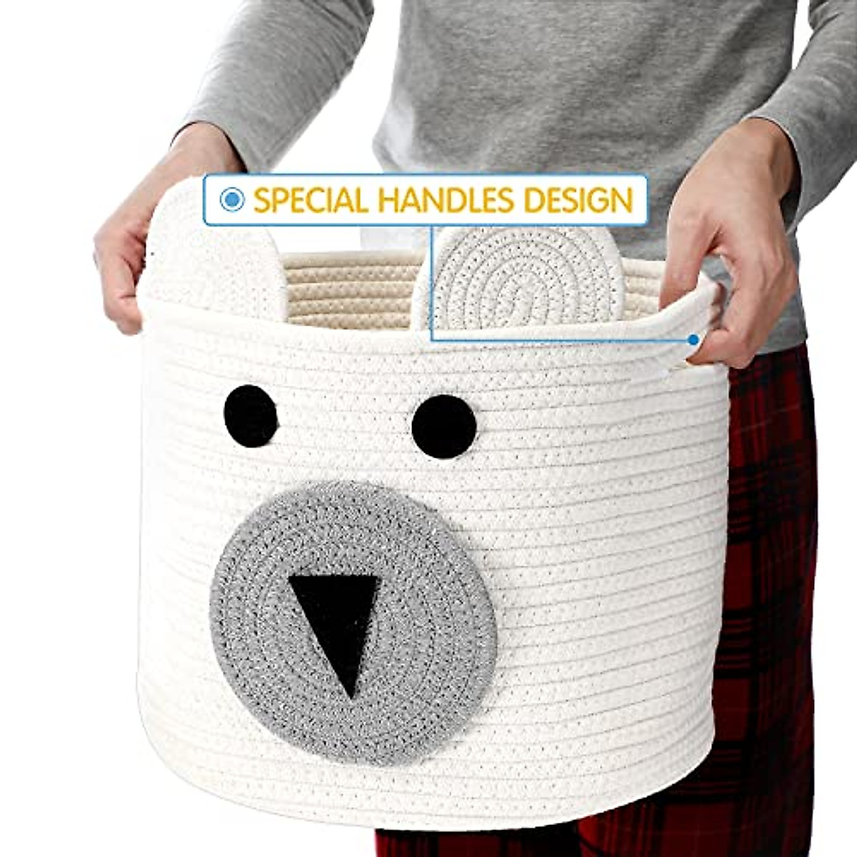 4 Pieces Cotton Rope Bear Animal Basket 2 Sizes Cute Bear Basket with Handles Cotton Rope Storage Basket Foldable Woven Storage Basket Baby Laundry Hamper Nursery Bins for Toys, Blanket, Clothes