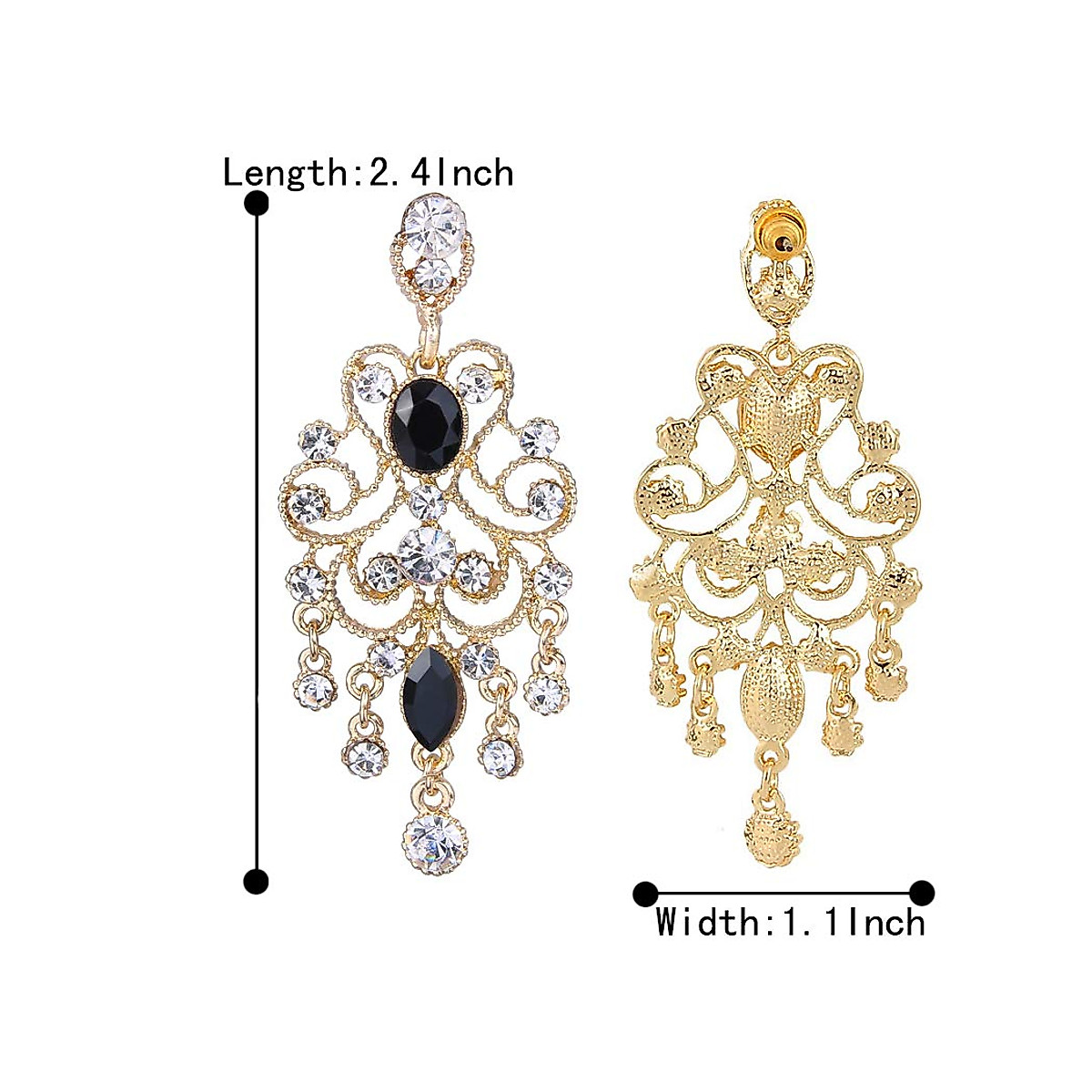 BriLove Wedding Bridal Dangle Earrings for Women Vintage Style Crystal Drop Hollow Filigree Chandelier Dangle Earrings Black Gold-Toned