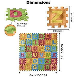DIMPLE Kids Foam Play Mat (36-Piece Set) 6.25 x 6.25 Inches Interlocking Alphabet and Numbers Floor Puzzle Colorful EVA Tiles Girls, Boys Soft, Reusable, Easy to Clean