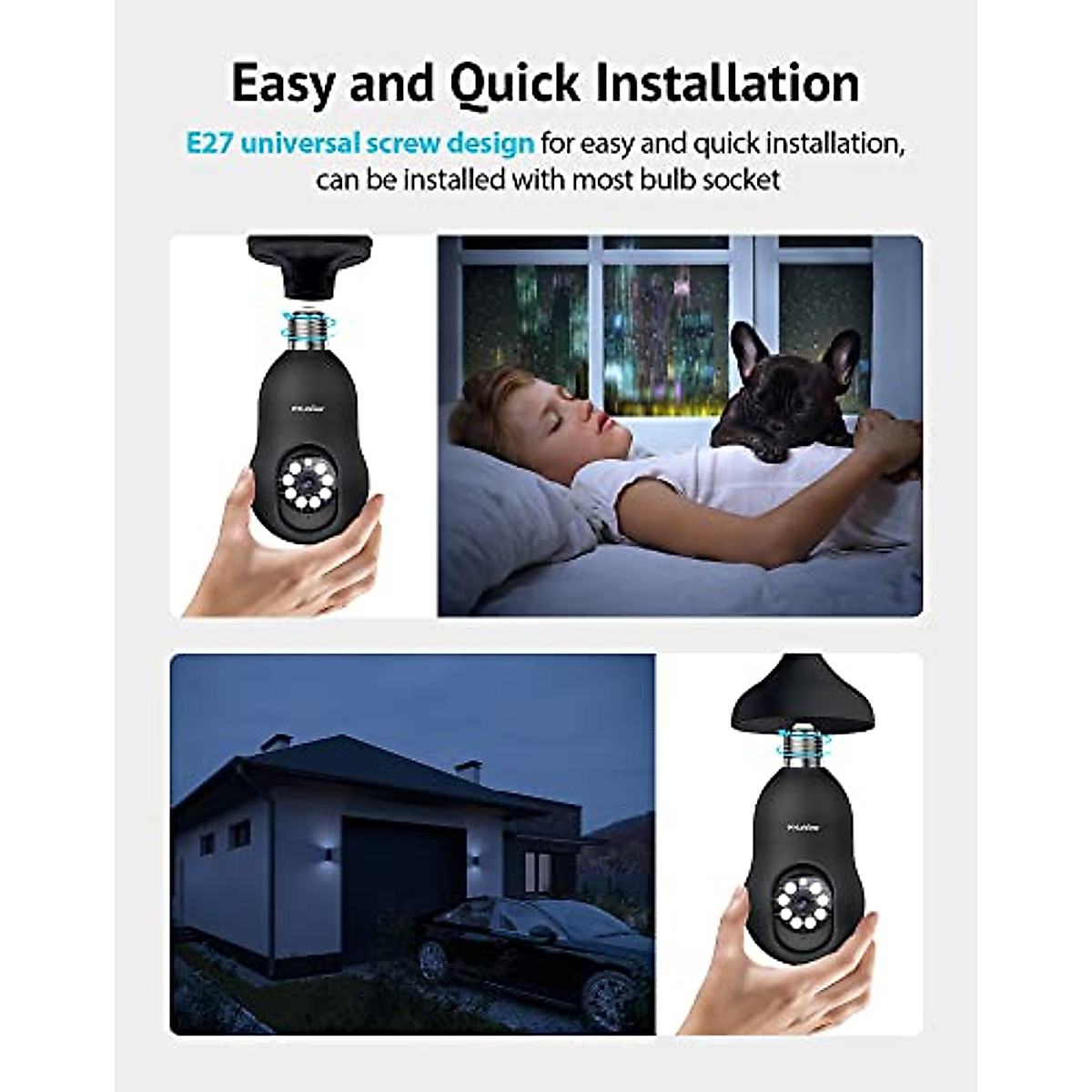 LaView 4MP Bulb Security Camera 2.4GHz, 360° 2K Security Cameras Wireless Outdoor Indoor Full Color Day and Night, Motion Detection, Audible Alarm, Easy Installation, Compatible with Alexa（Black）