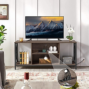 Yaheetech TV Stand for 65 Inch TV, Media Entertainment Center with Power Outlet for Living Room, Industrial TV Console with Side Shelves for PS Storage, Taupe Wood