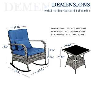 FUNKOCO 3 Pieces Patio PE Rattan Conversation Chair Set, Outdoor Furniture Rocking Chair Set with Water-Proof Cushion&Coffee Table for Garden,Backyard and Porch (Dark Blue)