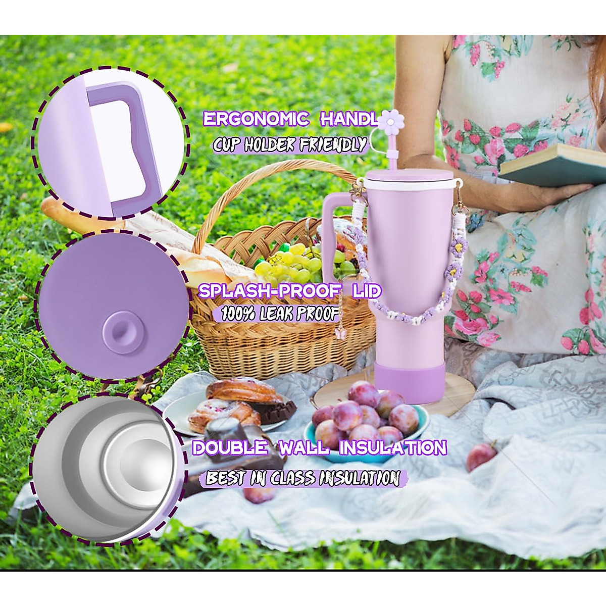 Sanilinwild 40 oz Tumbler with Handle Straw and Accessories, Drop & Abrasion Resistant, Vacuum Double-Layer Insulation, Ideal for Camping, Fitness, Outdoor Use