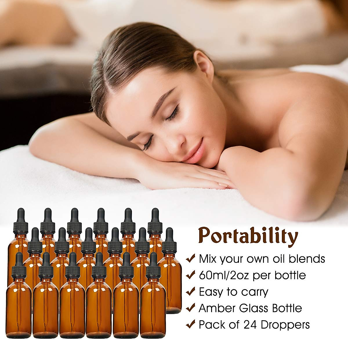 Eternal Moment 2 oz Eye Dropper Bottle(24 Pack), 60ml Amber Glass Bottles with Glass Eye Dropper for Essential Oils, Chemistry Lab Chemicals, Colognes & Perfumes