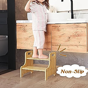 C&AHOME Wooden Toddler Step Stool - Kids Step Stool for Bathroom Sink - Wood Child Step Stool Non-Slip - Sturdy Natural Wood Two Step Stools with Handles for Kids