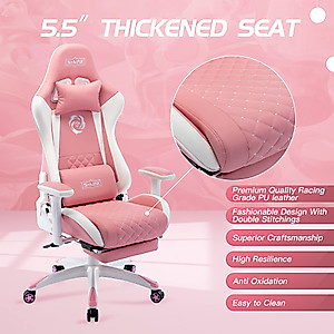 S*MAX Pink Gaming Chair with Footrest Thicken Seat Ergonomic Pink Gamer Chair with 3D Armrest PU Leather Headrest and Lumbar Support High Back Gaming Chair for Girls Pink and White