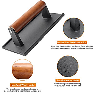 BBQ Future Round Burger Press and Rectangle Cast Iron Grill Press for Blackstone, Weber, Ninja, Royal Gourmet, Pit Boss Grills etc, Wood Handle Smash Steak Meat Weight Griddle Press (7.1" & 8.3x4.3)