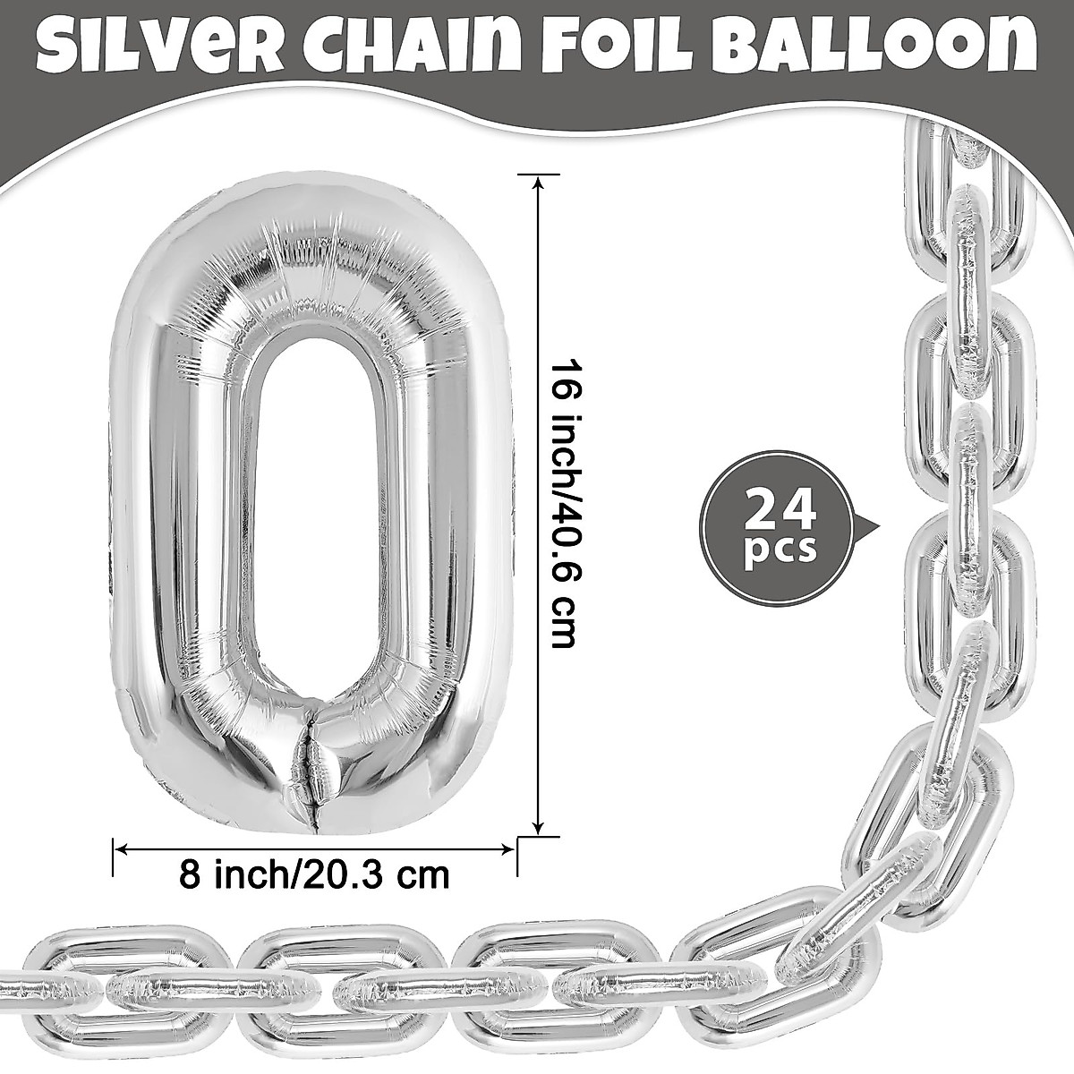 24 Pcs Chain Balloons,Giant Silver Chain Balloons Garland,16 inch Foil Chain Balloons for 80s 90s Party Decorations Birthdays Weddings Graduations Hip Hop Retro Theme Party Supplies (Silver)