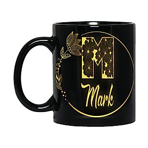 Coffee Mug Personalized Mark Name & Initial Letter Monogram Floral Alphabet Mug Golden Flowers Custom Black Coffee Cup, Gift for Her Mom Coworker Sister, Wife, Girl 11oz Black Mug 979470