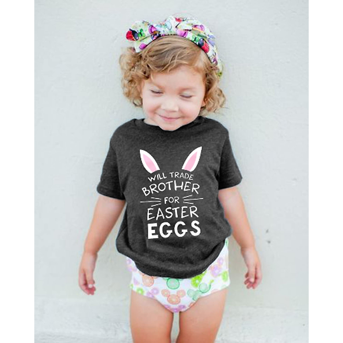 Baby Easter Shirt Trade Brother Sister for Easter Eggs Tshirt Toddler Bunny Short Sleeve Cotton Tops Grey