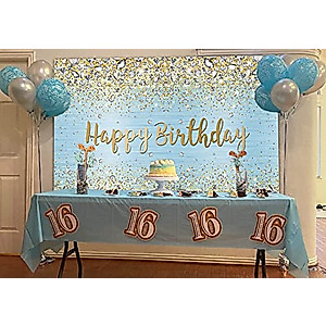 WDA Blue Happy Birthday Backdrop Golden Diamond Shiny Bokeh Photography Background Sweet Girl Party Photo Decoration Banner Dessert Cake Table Supplies (7x5FT)