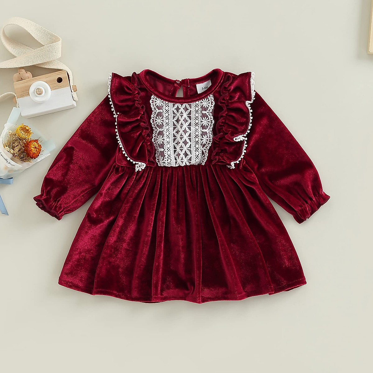 Infant Toddler Girl Christmas Outfits Long Sleeve Dress Lace Vintage One Piece Skirt Red Velvet Party Banquet Sundress (Dark Red, 3-6 Months)