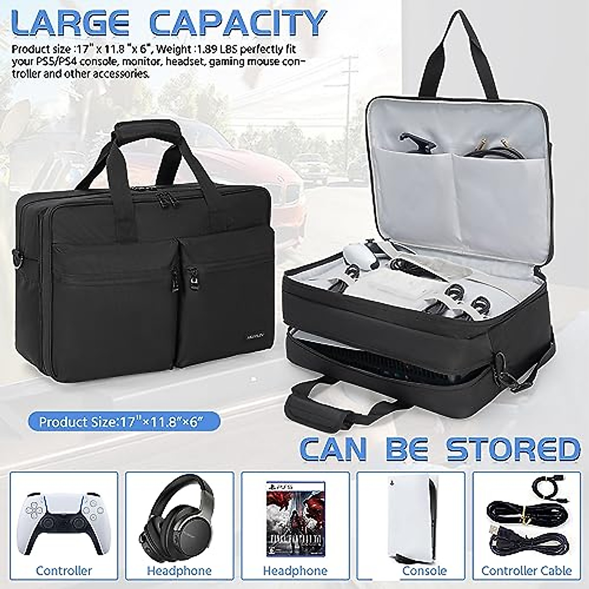AKOZLIN Carrying Travel Bag for PlayStation 5 Console Large Capacity Storage Case Compatible with PlayStation 5 Monitor,Headset,Game,Charger & Accessories Black