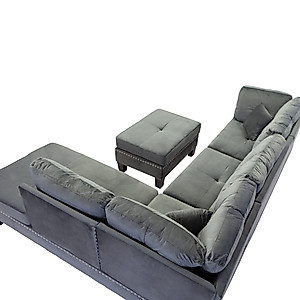 Casa Andrea Milano 3-Piece Velvet with Nailhead Trim Sectional Sofa and Ottoman Set, Large, 78"D x 101"W x 32"H, Dark Grey