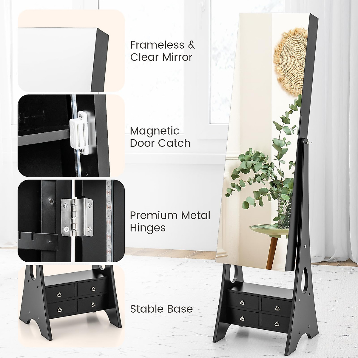 LOKO Freestanding Jewelry Cabinet with LED Light Strip, Lockable Jewelry Armoire w/ 3 Adjustable Angle, Foldable Organizer Storage w/High Full Length Mirror for cloakroom bedroom living room (Black)