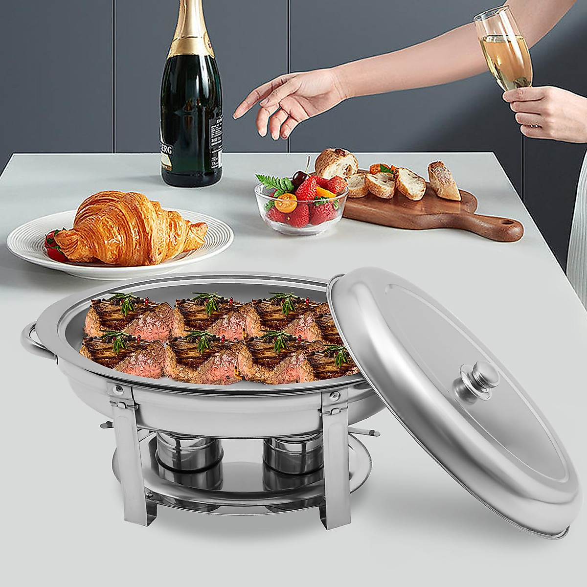 Shikiy 8.45QT Chafing Dish Food Warmer Pan, Stainless Steel Oval Chafers for Catering, Buffet Servers Food Heating Trays Buffet for Dinners, Catering, (Silver)