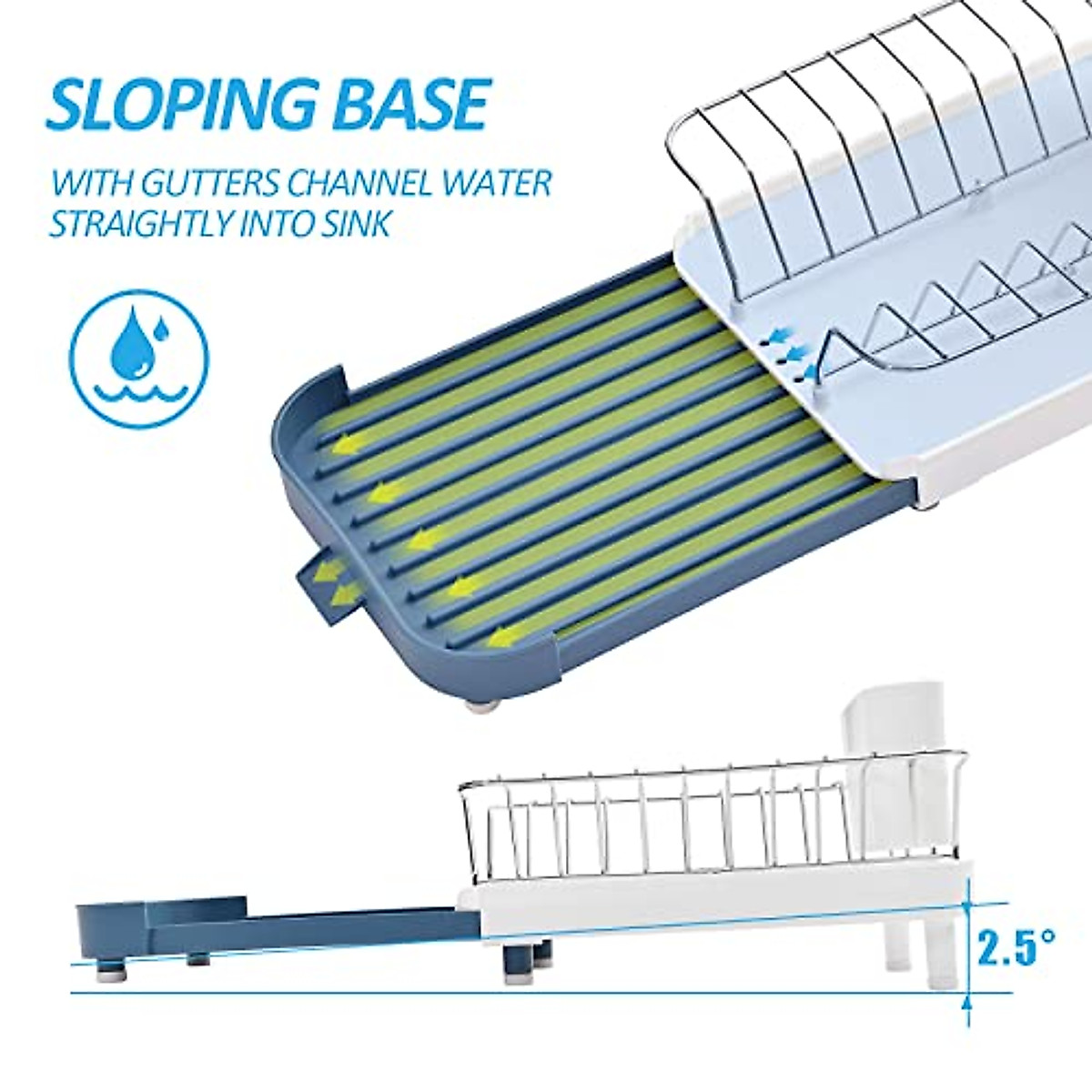 TOOLF Small Expandable Dish Rack, Compact Dish Drying Rack with Stainless Plate Rack, Rustproof Dish Drainer with Removable Utensil Holder in Sink Or On Counter for Kitchen, Small Space, RV