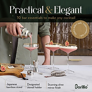 Barillio Bartender Kit - Stainless-Steel Cocktail Shaker Set with Bamboo Stand - Mixology Bar Tools w/Shaker, Drink Mixer Spoon & Muddler for Cocktails - Home Bar Accessories - 10-Pc Bar Set - Silver