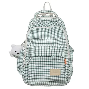 Kawaii Backpack with Cute Accessories Large Capacity Checkered Plaid Rucksack for Women Trendy Aesthetic Casual Daypack (Green)