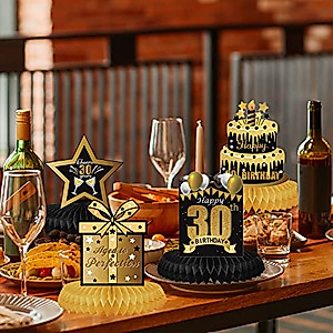 HTDZZI Cheers to 30 Years Birthday Decorations, 30th Birthday Decorations for Him Her, 8Pcs Black Gold Happy 30th Birthday Table Honeycomb Centerpieces, Thirty Birthday Party Decorations Supplies