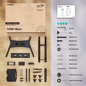 ONKRON Mobile TV Stand with Wheels Rolling TV Stand for 40-70 Inch LED LCD Flat or Curved Screen TVs up to 100 lbs - Height Adjustable TV Cart with Shelves - Portable TV Stand (TS1551) Black