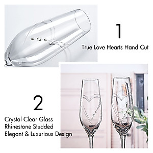 Parihy Champagne Flutes, Bride and Groom Wedding Toasting Champagne Glasses Set of 2 with Engraved Love Heart Design Embellished with Crystal, Wedding Engagement Christmas Gifts for Couple