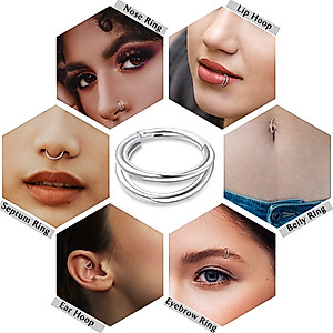 Jstyle 18G 16G Surgical Steel Nose Rings Hoops for Women Opal CZ Septum Rings Clicker Hinged Segment Lip Helix Cartilage Conch Daith Rook Nose Body Piercing Jewelry 18G 8mm