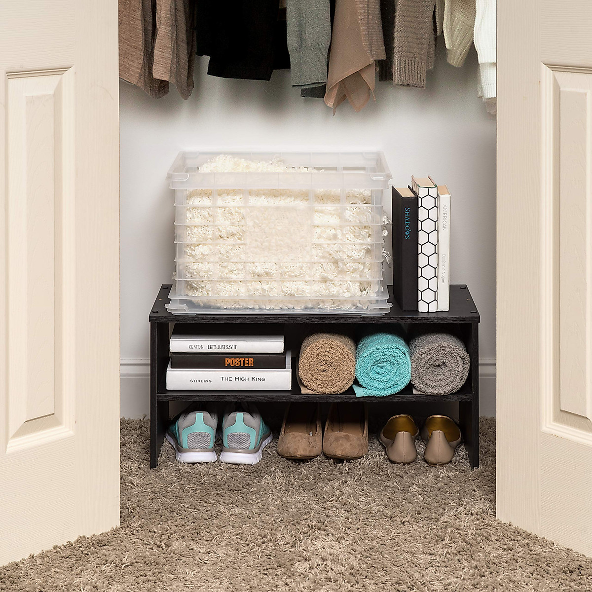 IRIS USA 1-Tier Long Multi-Purpose PC Monitor Organizer Stand, Stackable Ergonomic Desktop and Countertop Riser for Computer Laptop TV Shoes Kitchen Pantry and Closet Organization, Black