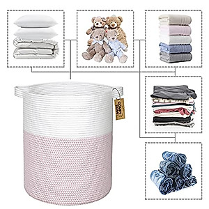 COMFY-HOMI XXL Blanket Basket 18”x16”|Cotton Rope Laundry Basket|Woven Basket for Storage|Gift Basket Empty for Newborn or Infant Gift for Boy Girl, Toy basket for blanket, cloth, towel-White/Pink