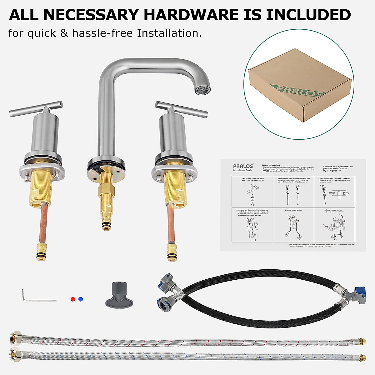 PARLOS Brushed Nickel 8 inch Widespread Bathroom Sink Faucet 3 Hole Vanity Faucet with cUPC Faucet Supply Lines, 1.2GPM