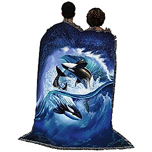 Pure Country Weavers JL Orca Wave Blanket by Jerry LoFaro - Ocean Whales Gift Tapestry Throw Woven from Cotton - Made in The USA (72x54)