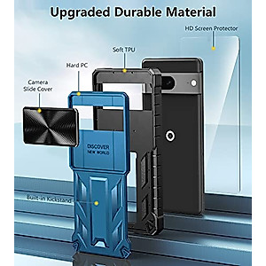 FNTCASE for Google Pixel 7 Case: Military Grade Shockproof Drop Protective Phone Cover with Kickstand, Slide Camera Cover & Screen Protector, Heavy Duty Cell Phone Case for Pixel 7-6.3 inch Blue
