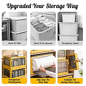 Storage Bins with Lid, Plastic Storage Bins, 5 Side Open Stackable Storage Bins with Wheels, Clear Collapsible Storage Box Containers for Organizing Clothes, Toy, Books, Grocery, Quilt (30 Qt. 1-Pack, Yellow)