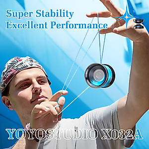 YOYOSTUDIO Yoyo Professional Unresponsive Yoyos with Dual Aluminum Alloy Rings, Pro Tricks Yo yos for Adults, Metal Yoyo for Kids Beginners with Strings, Gloves & Case Black and Blue (Black Ring)