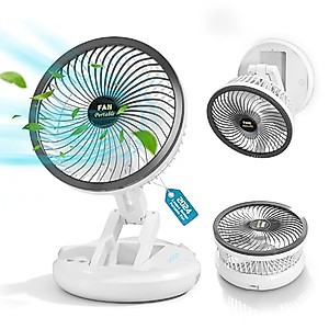 Mihoho Whole Room Air Circulator, 4 Speeds Fan with Light, Cordless Foldable Fan with Lamp for Home, Office, Desk, Outdoor, Ceiling & Wall Mount (Grey)