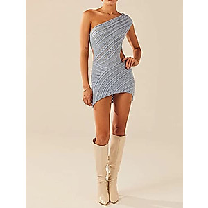 KIGRAD Women’s Sexy Y2K One Shoulder Sheer Ladder Knit Mini Dress Sleeveless Cut Out Slim Bodycon Summer Short Dresses Light Blue
