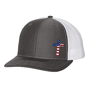 Men's Christian American Flag Filled Cross Jesus Patriotic Embroidered Mesh Back Trucker Hat, Charcoal/White