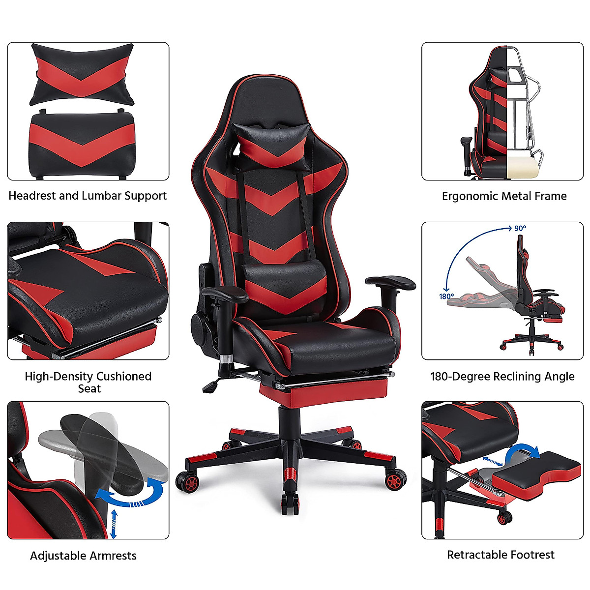 Yaheetech Computer Gaming Chair High Back Ergonomic Desk Chair Racing Style Reclining Chair PU Leather Task Chair with Footrest Headrest/Armrest/Lumbar Support/Height Adjustable